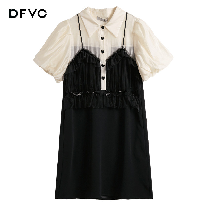 dfvc拼接假两件衬衫裙泡泡袖连衣裙女夏2023新款宽松poloa字裙子_虎窝淘