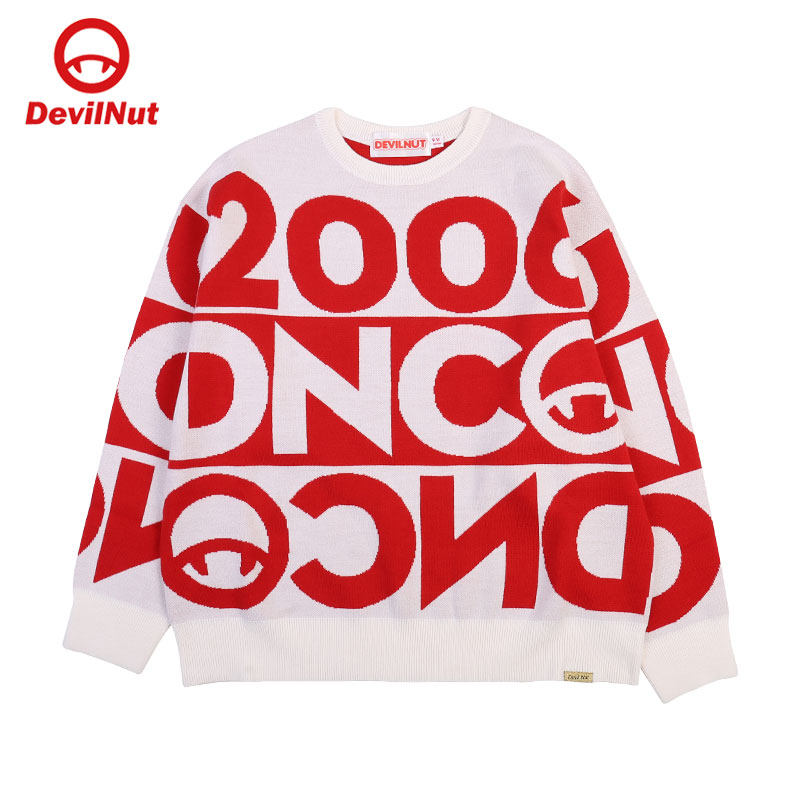 DEVIL NUT潮牌恶魔新款男女情侣中国红新年红色毛衣切割拼 ATY_虎窝淘