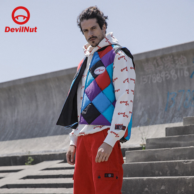 DEVIL NUT潮牌恶魔男士保暖拼接撞色保暖羽绒马甲-BH AET_虎窝淘
