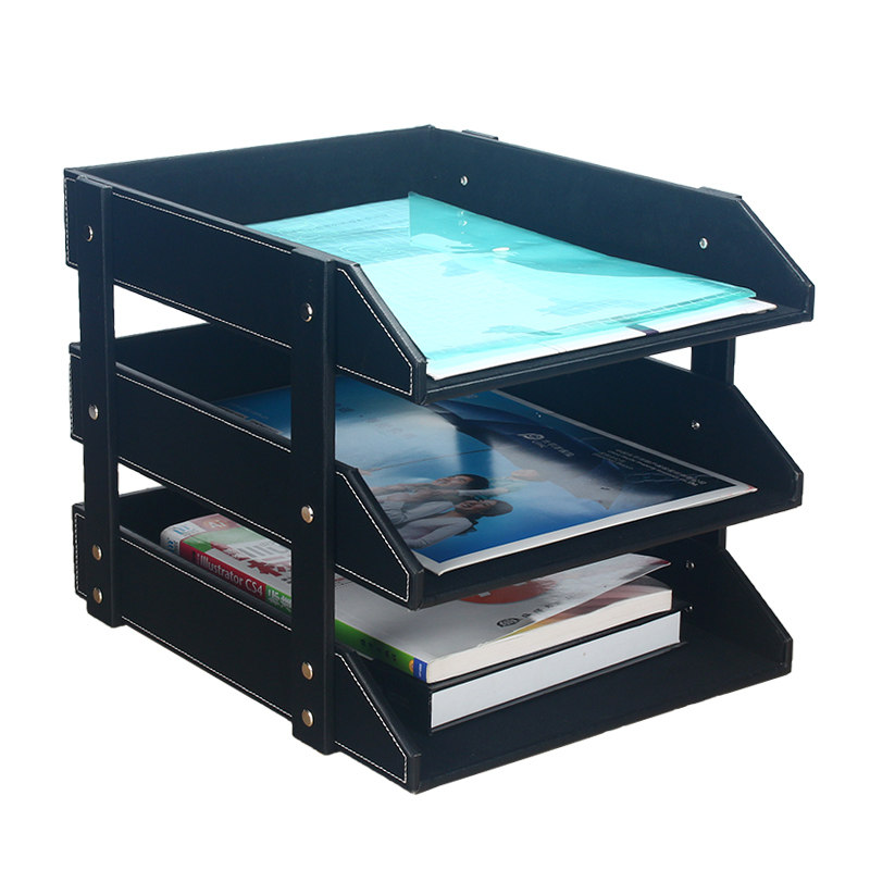 创意皮革三层a4文件架多层资料架办公室桌面收纳盒文件框书架_虎窝淘