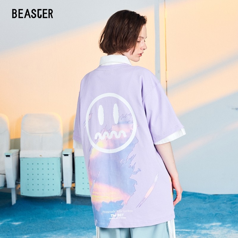 beaster官方小恶魔笑脸短袖T恤潮牌天空印花宽松潮流纯棉夏半袖_虎窝淘