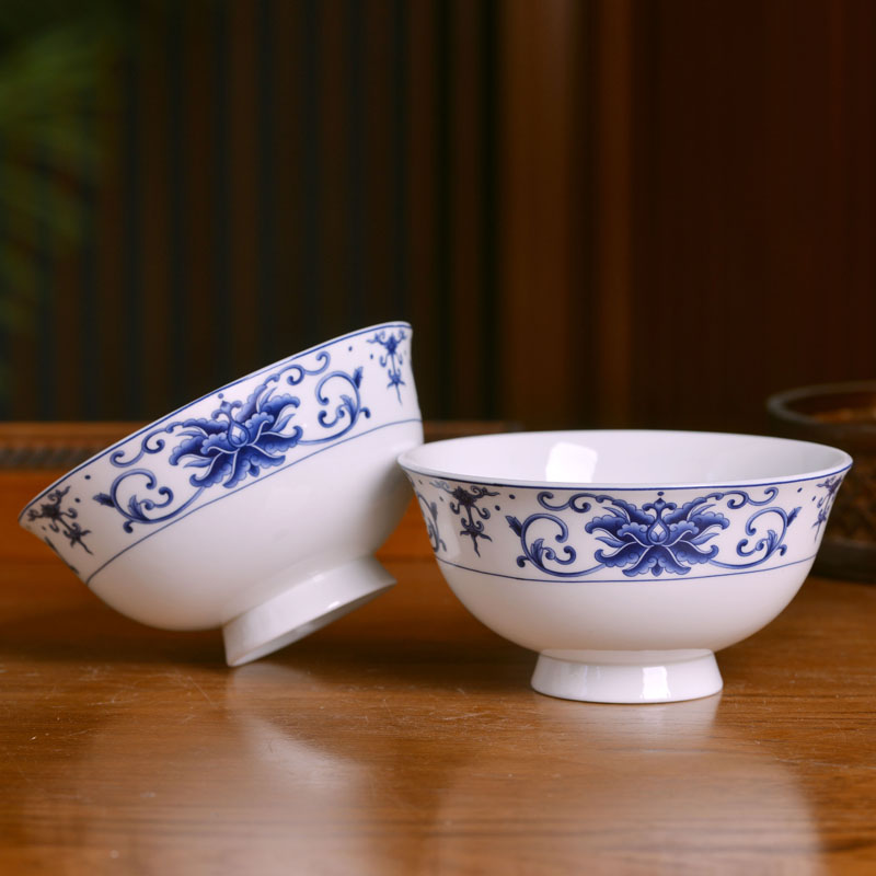 景德镇青花瓷碗釉中彩中式家用骨瓷高脚米饭碗深菜盘碟勺餐具套装_虎窝淘