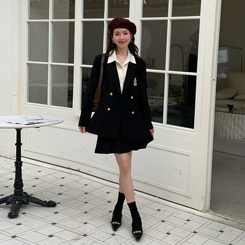大码女装胖mm2023年新款时尚秋装学院风套装双排扣西装外套百褶裙_虎窝淘
