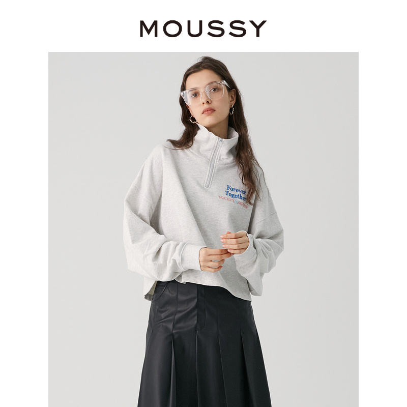 MOUSSY 2023冬季新品学院风半拉链翻领短款卫衣女028GSY90-0000_虎窝淘