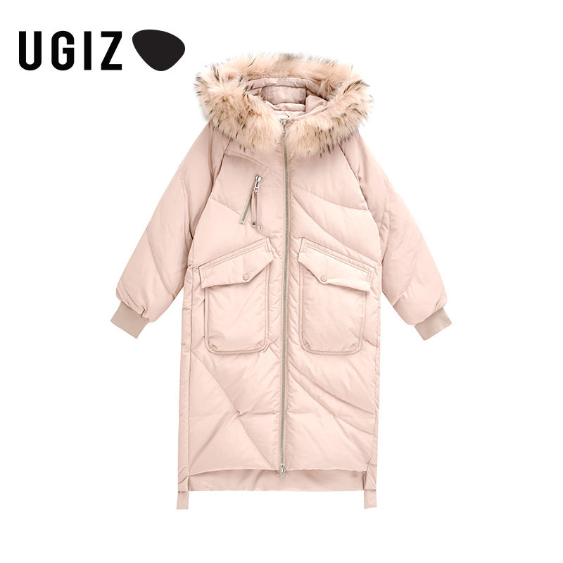 UGIZ冬季新品韩版女装中长款纯色修身连帽毛领羽绒服女UDYD707_虎窝淘