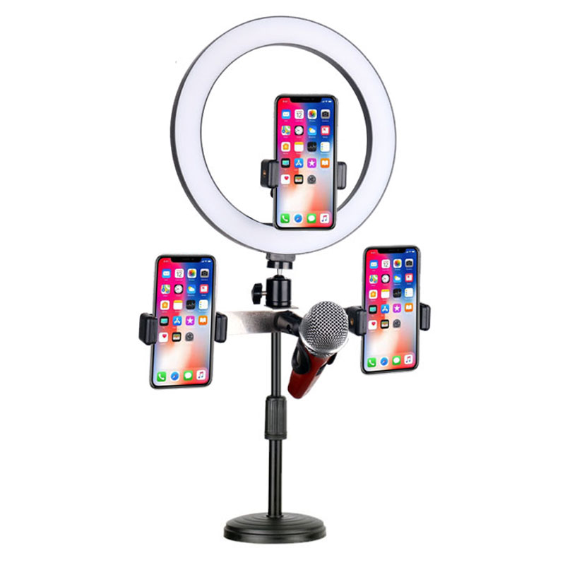 华固（huagu）双手机直播支架多机位带补光灯主播多功能拍摄抖音网红话筒夹桌面_虎窝淘