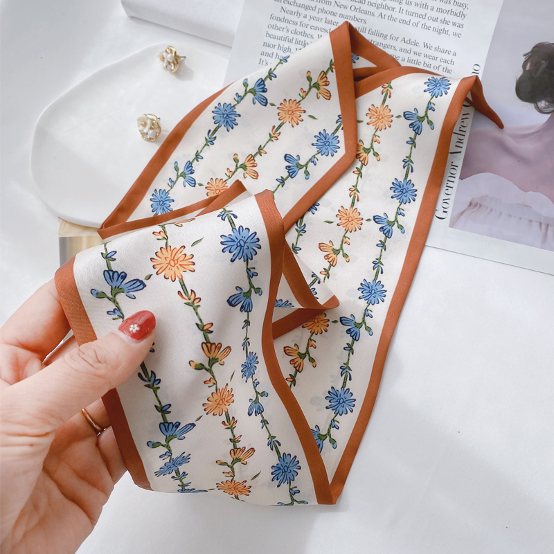 港风复古花卉小众长条小丝巾搭配衬衫领巾春夏系脖子围巾发带女薄_虎窝淘