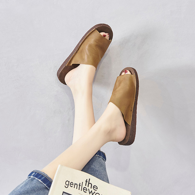 Leather top layer cowhide slippers for women summer flat sole wear 2025 ...