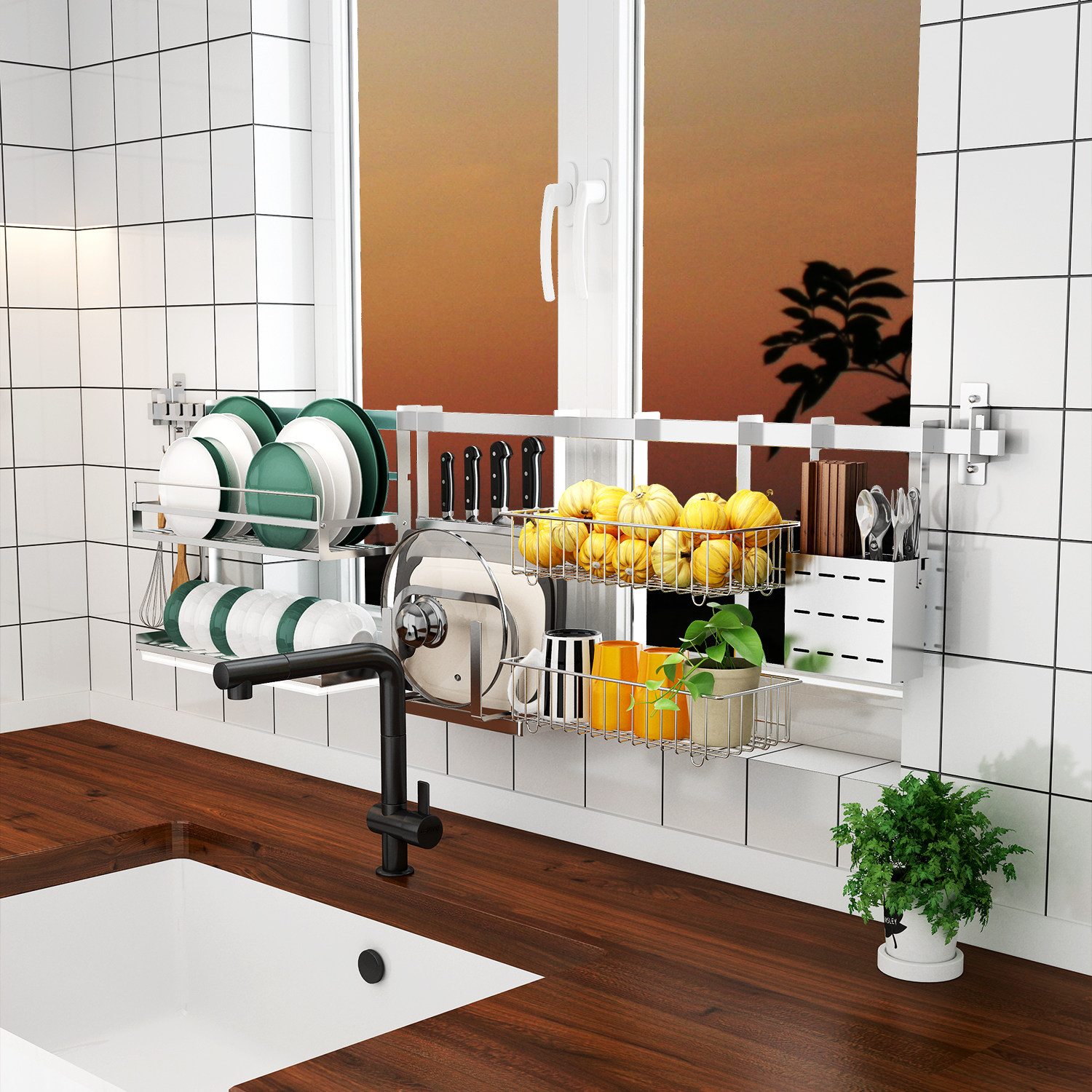 厨房用品304不锈钢置物架免打孔窗台窗户收纳架挂架碗架沥水架子_虎窝淘