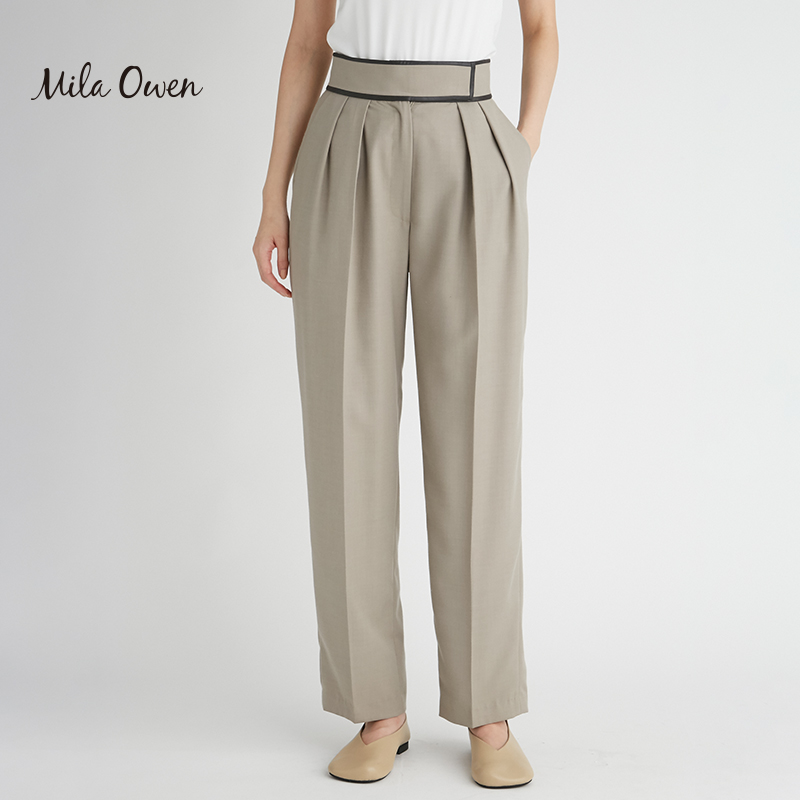 Mila Owen秋季日系简约大气阔腿格纹通勤腰带长裤西装裤女士_虎窝淘