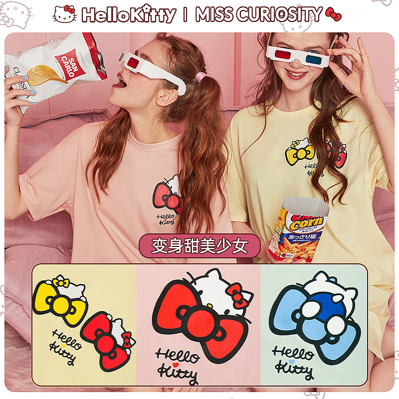 好奇蜜斯HelloKitty卡通短袖棉睡裙夏女2022年新款睡衣可爱家居服_虎窝淘