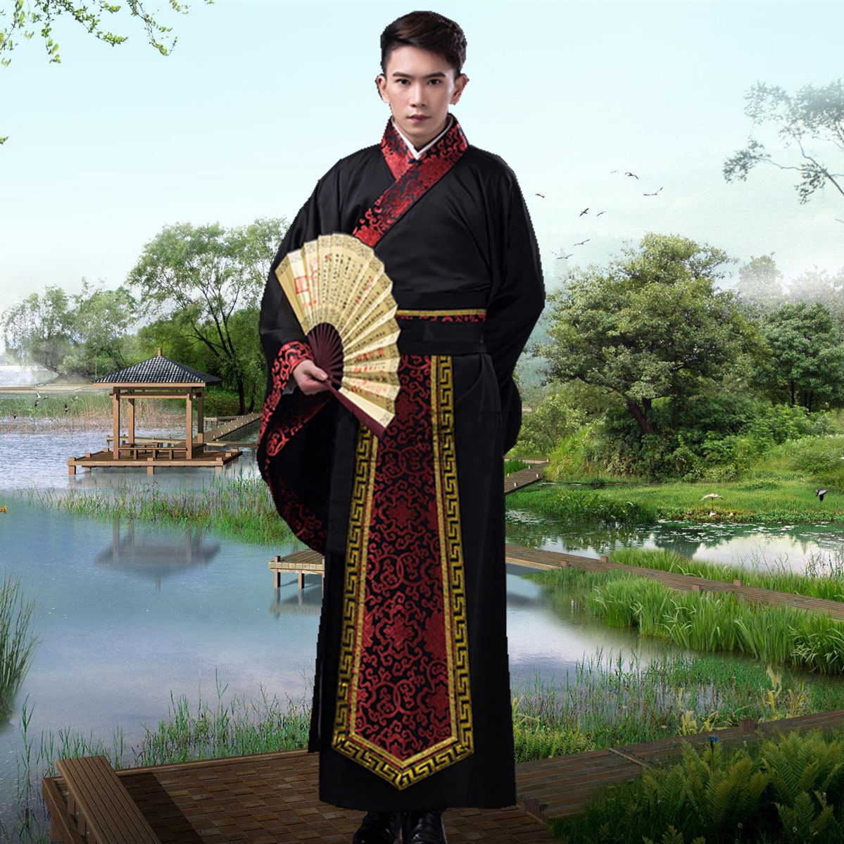 新款古装汉服男士侠客广袖唐宋才子书生服装学生演出班服长袍套装_虎窝淘