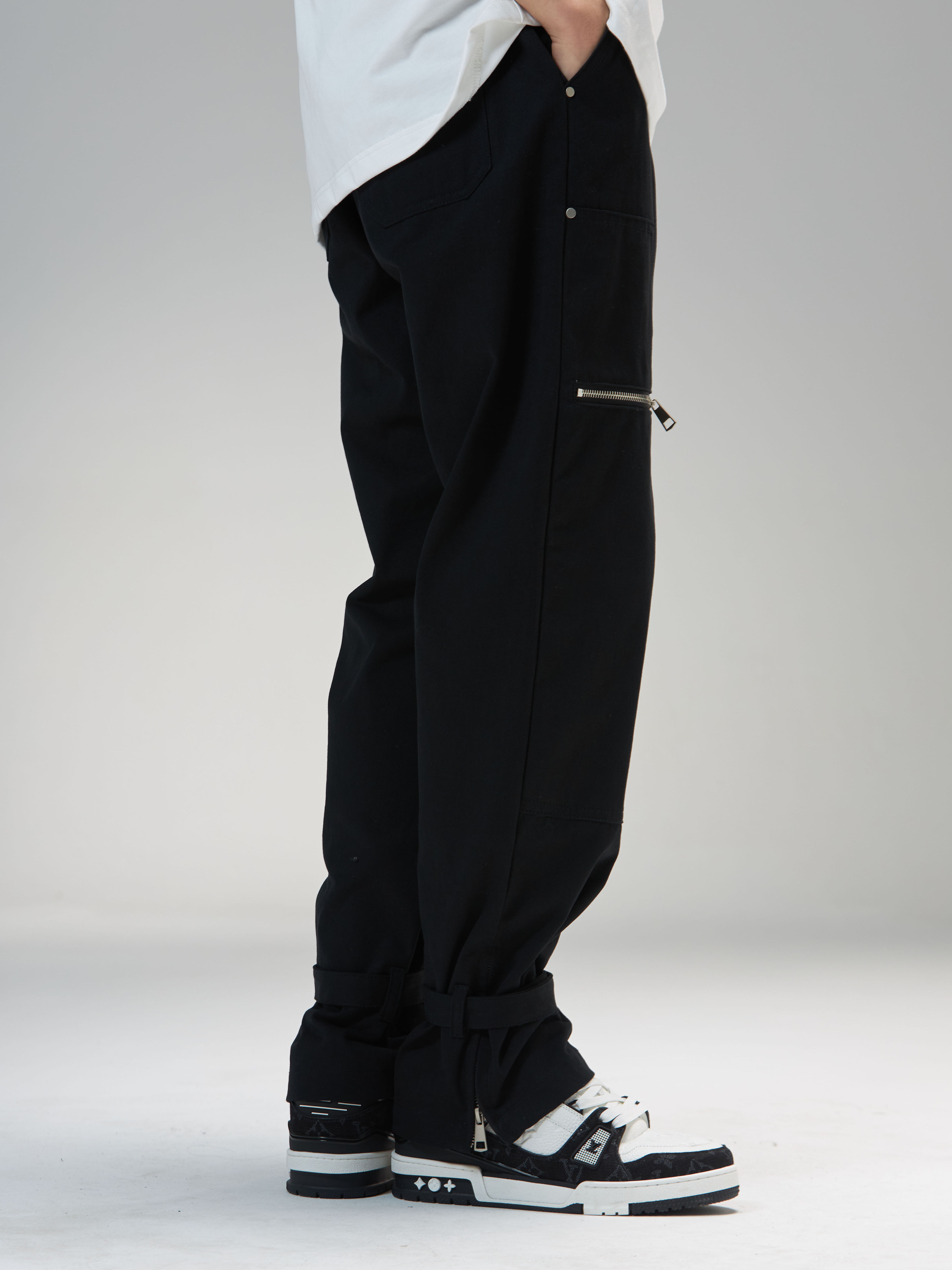 THOS 23SS柳钉脚口飘带拉链半松紧工装裤国潮牌小众宽松造型裤男_虎窝淘