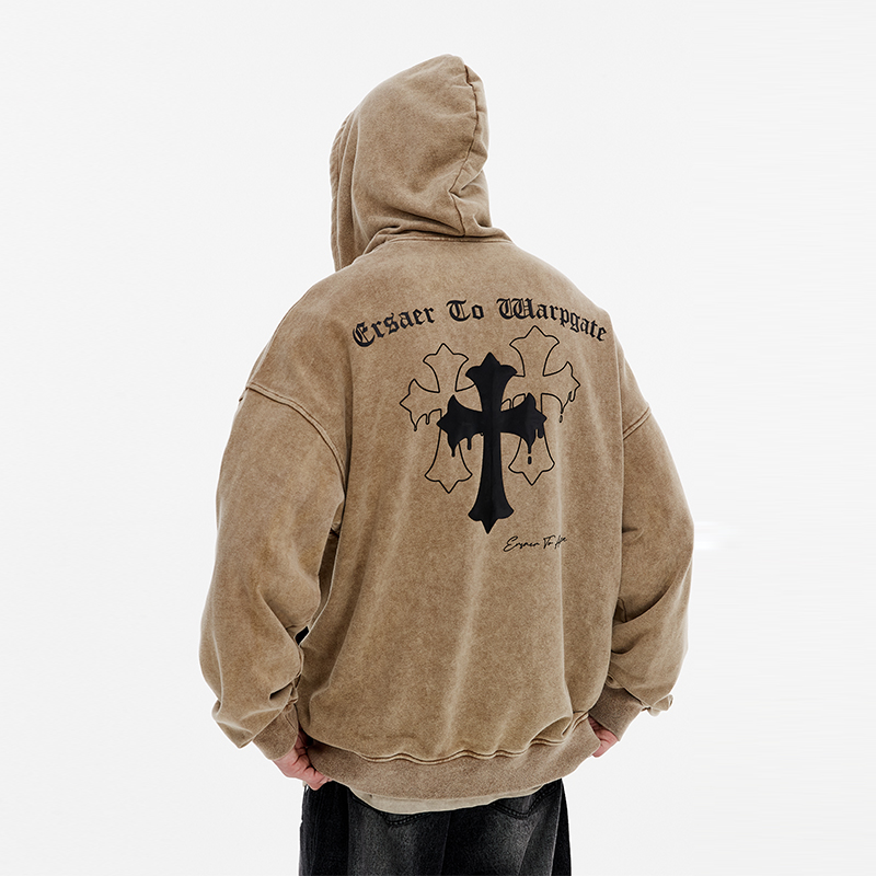ER哥特风十字架做旧卫衣男美式高街潮牌连帽衫oversize情侣外套秋_虎窝淘