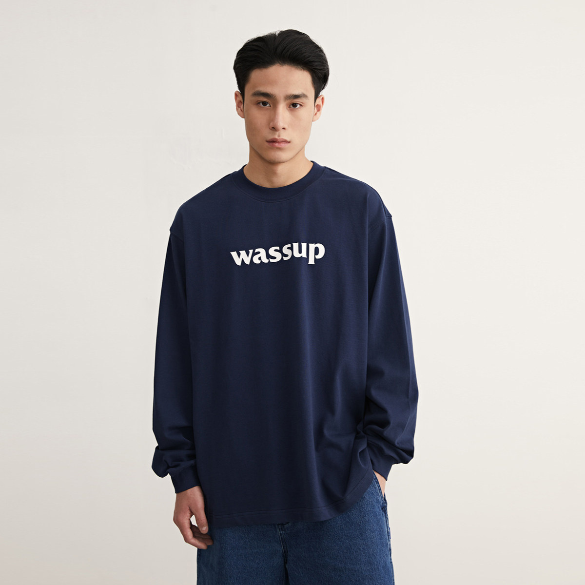 WASSUP潮牌白色黑色长袖国潮印花T恤美式打底衫上衣圆领男女情侣_虎窝淘