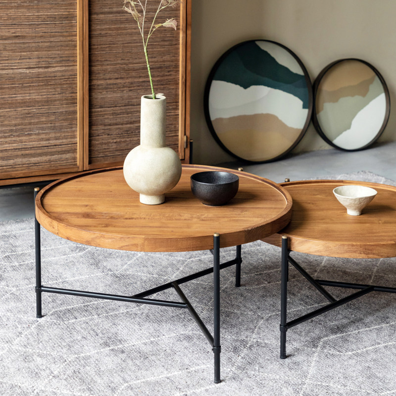 进口老柚木实木家具客厅茶几组合东南亚风格圆型茶台咖啡桌做旧_虎窝淘