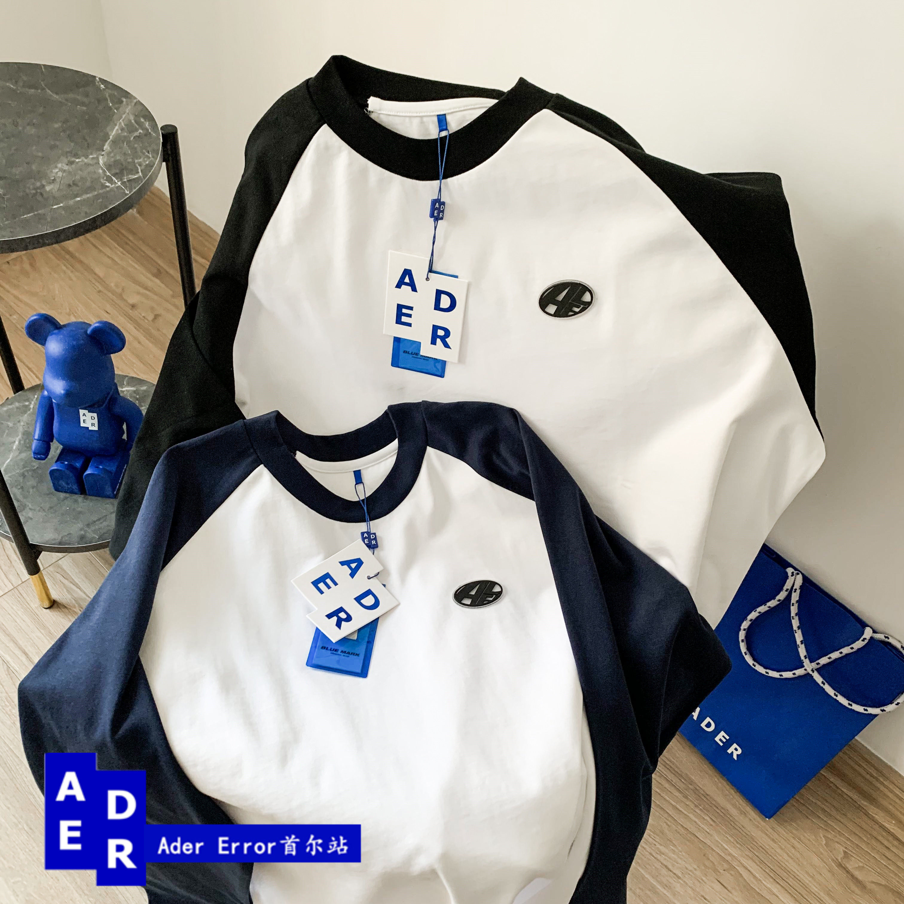 ADER ERROR SMALL撞色插肩袖小标长袖t恤女宽松圆领打底衫情侣潮_虎窝淘