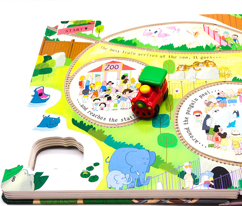 繁忙的火车轨道书 Usborne Pull-back Busy Train英文原版绘本儿童互动游戏读物益智轨道书 wind-up同系列手动回拉 ...