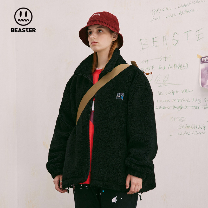 BEASTER简约潮流仿羊羔绒夹克外套反光字母印花宽松保暖外衣男_虎窝淘