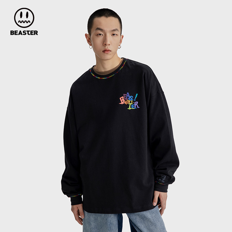 BEASTER潮流宽松多彩印花T恤打底衫圆领休闲基础款长袖上衣男士_虎窝淘
