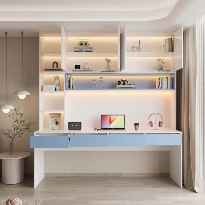 双人书桌书架组合轻奢台式电脑桌工作台办公桌家用学习桌书柜一体_虎窝淘