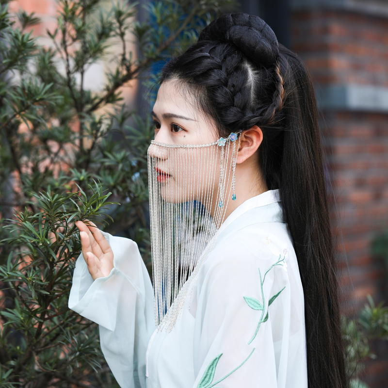 倾妃古装面纱古风遮脸汉服面帘挂耳流苏遮面帘女超仙气配饰遮面纱_虎窝淘