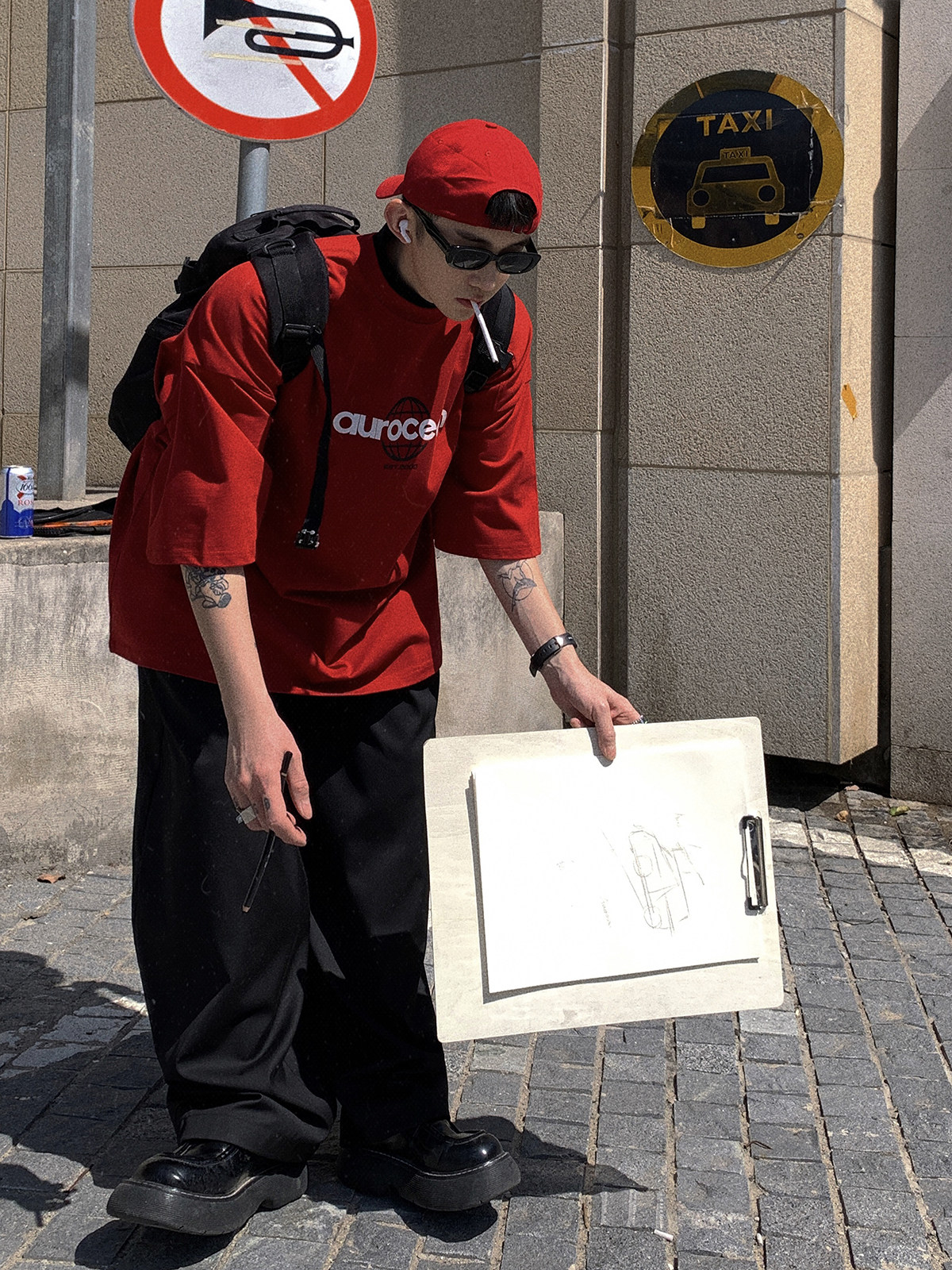 Aurocean红色T恤 320克重磅全棉复古机能短袖宽松少年感五分袖_虎窝淘