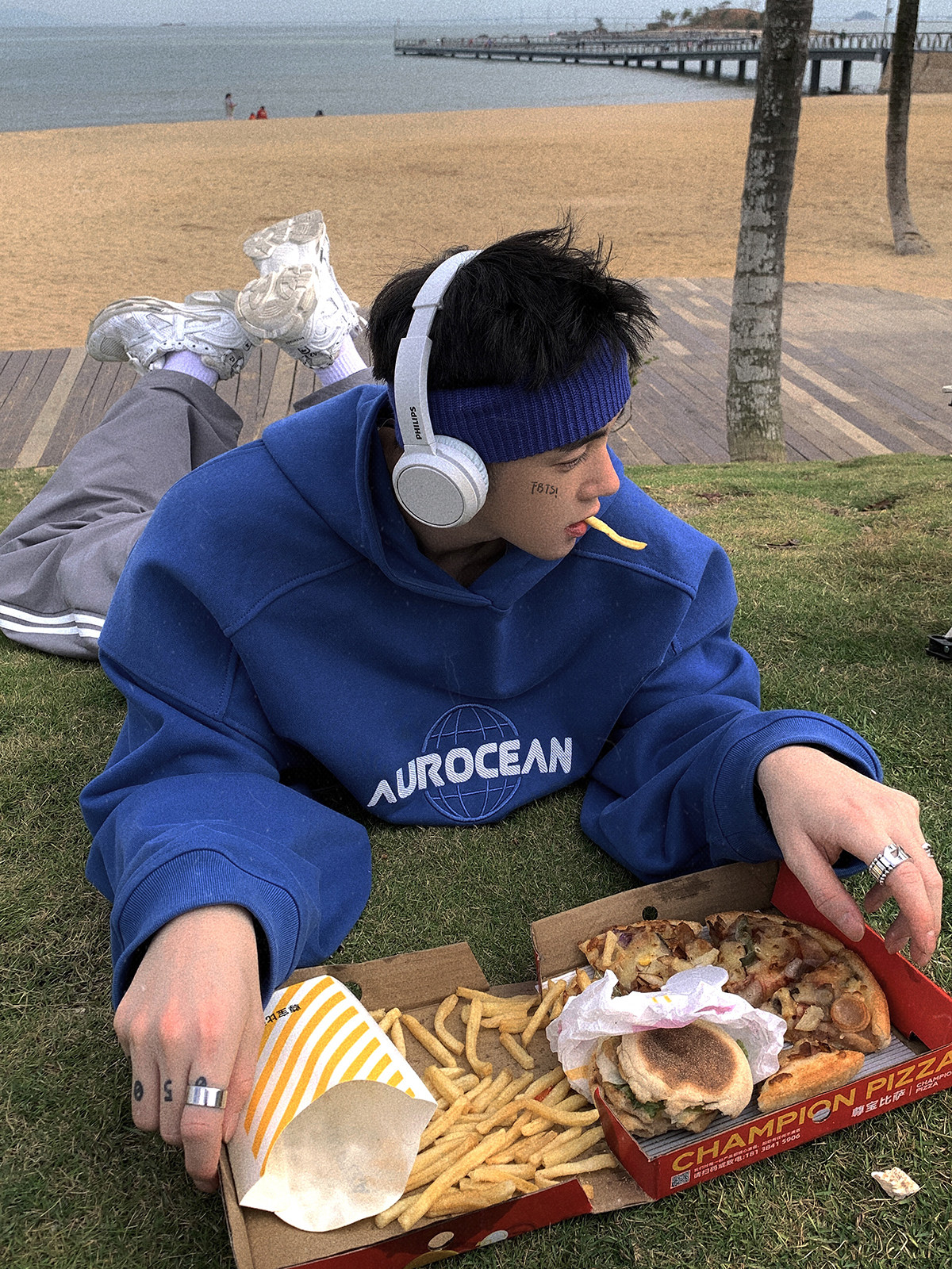 Aurocean连帽卫衣 440克重磅全棉少年感天蓝色千玺复古宽松长袖_虎窝淘