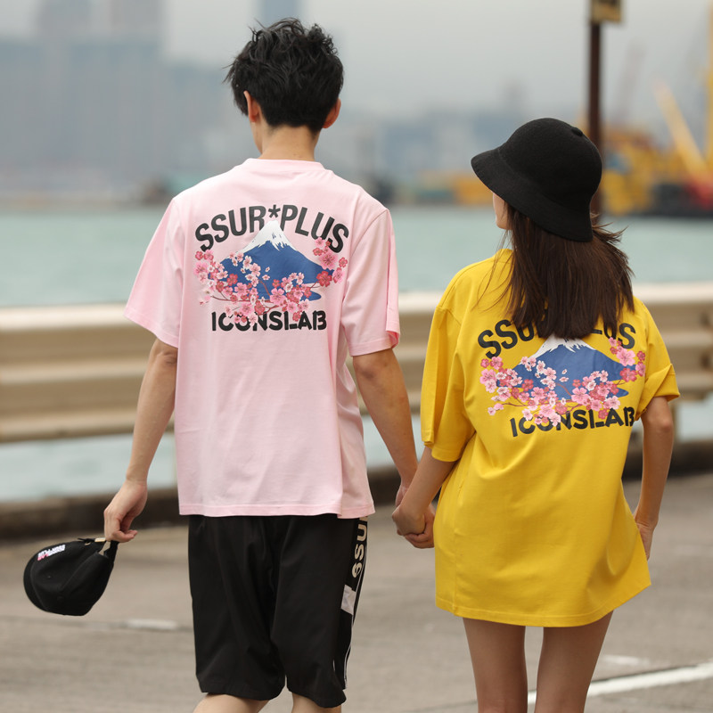 丝叔潮社 SSUR PLUS联名ICONSLAB富士山樱花短袖男女情侣潮牌T恤_虎窝淘