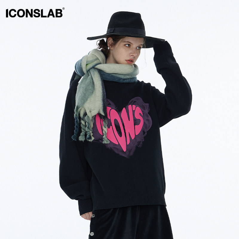 丝叔潮社 ICONSLAB联名SSUR PLUS爱心烟雾毛衣秋冬情侣休闲针织衫_虎窝淘