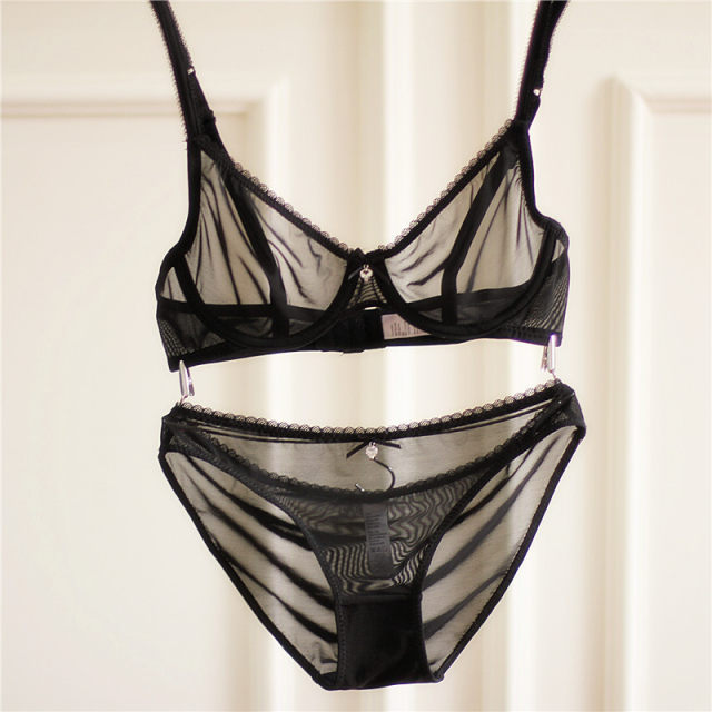 European and American women's black fully transparent bra set ultra ...