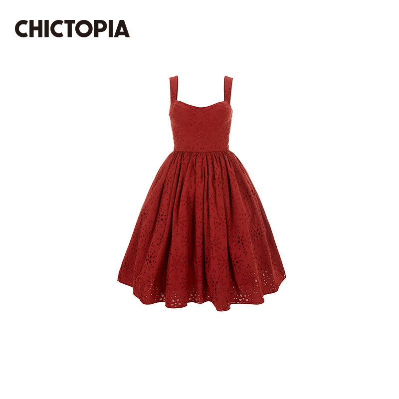 CHICTOPIA CHIC刘清扬新疆棉镂空刺绣吊带胸衣大摆连衣裙_虎窝淘