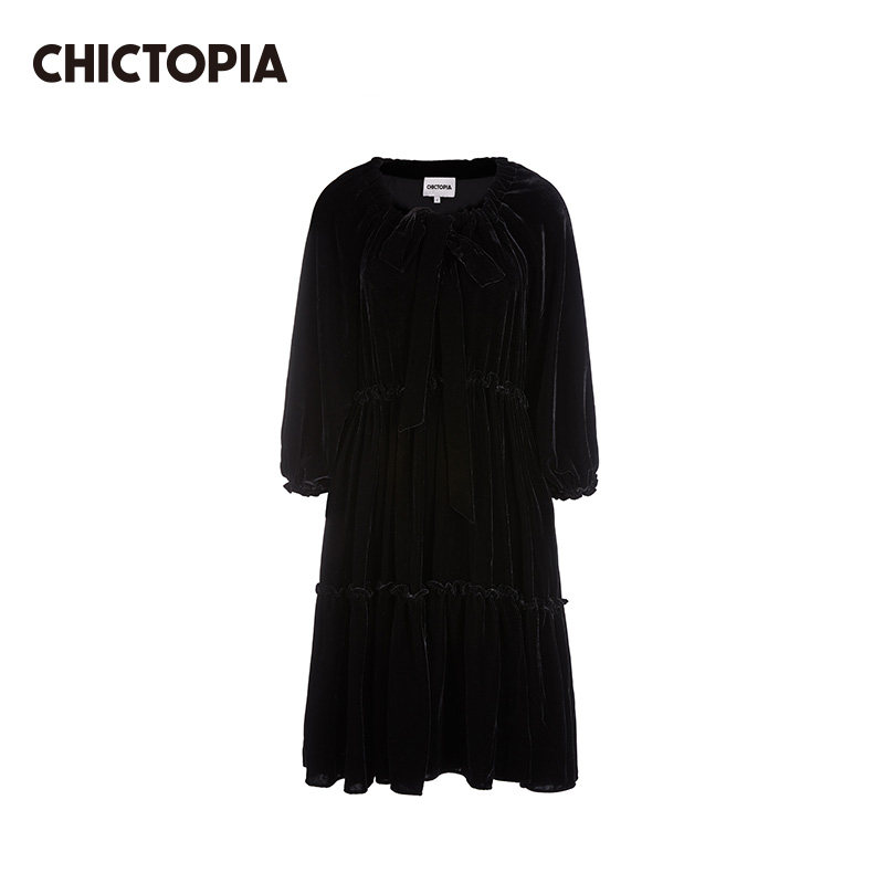 CHICTOPIA刘清扬原创设计早春纯黑复古宫廷风素色七分袖连衣裙_虎窝淘
