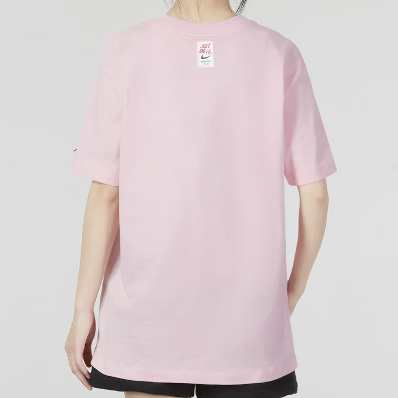 耐克粉色短袖女针织纯棉T恤印花休闲半袖柔软宽松运动上衣FJ7714_虎窝淘