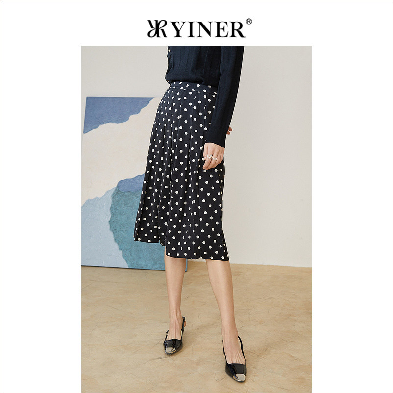 YINER音儿奥莱女装春季通勤风黑白波点印花A字鱼尾半身裙_虎窝淘