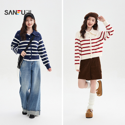 三福开衫毛衣2025新款冬季休闲宽松大翻领条纹外套上衣女装512192