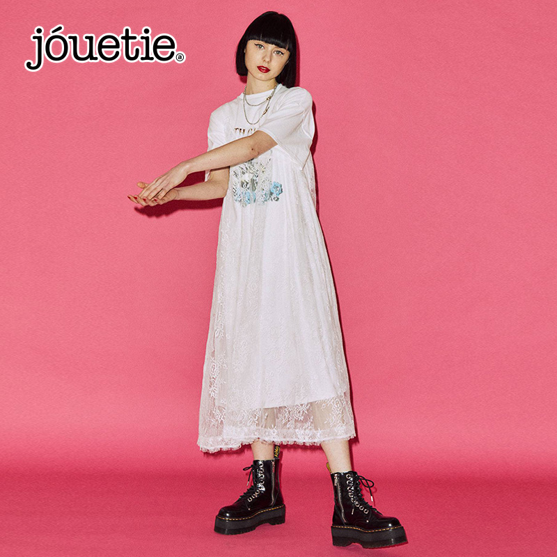jouetie日系潮牌春夏新款短袖长款T恤蕾丝吊带连衣裙两件套_虎窝淘