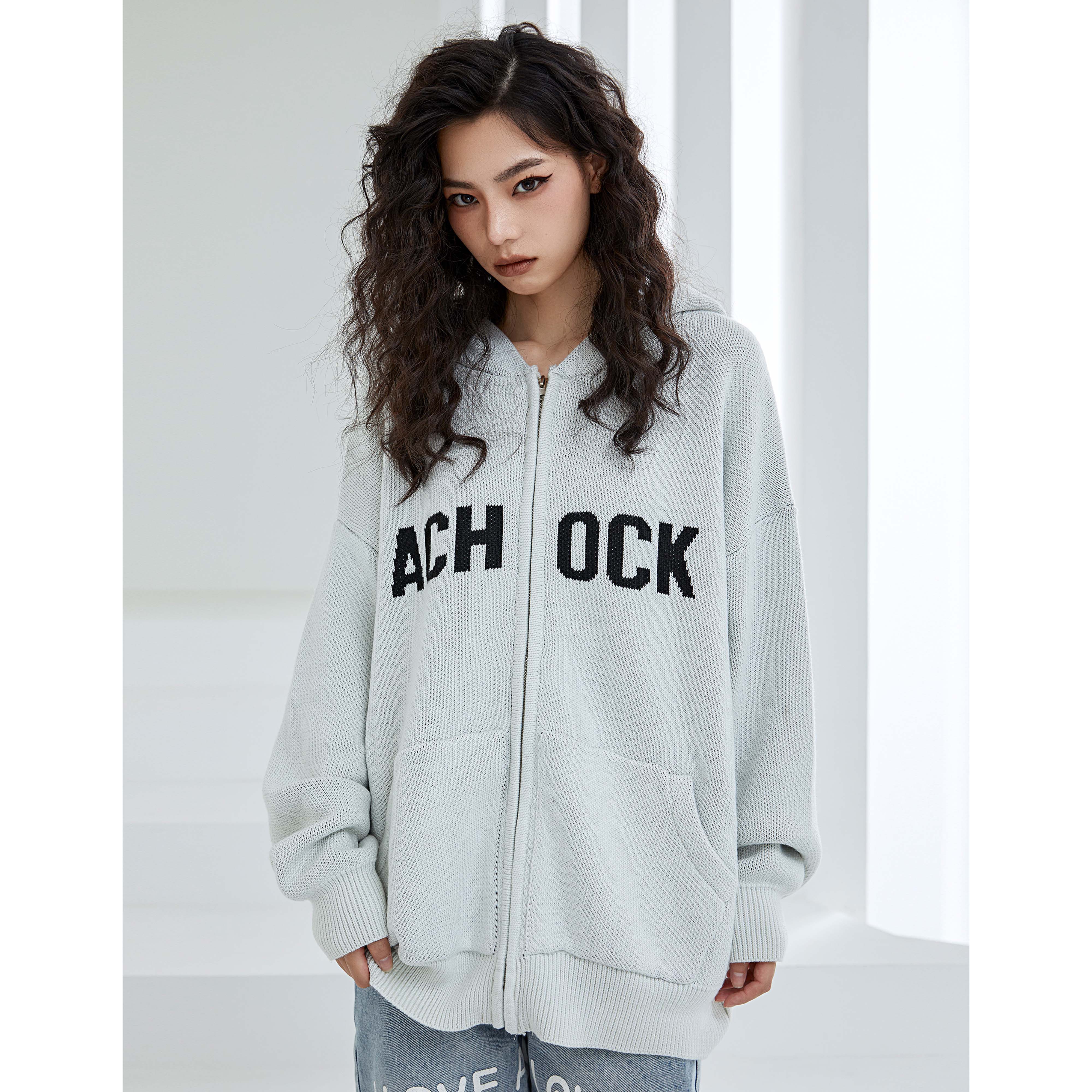 【Achock官方店】潮原创秋冬logo拉链重磅开衫毛衣美式连帽针织衫_虎窝淘