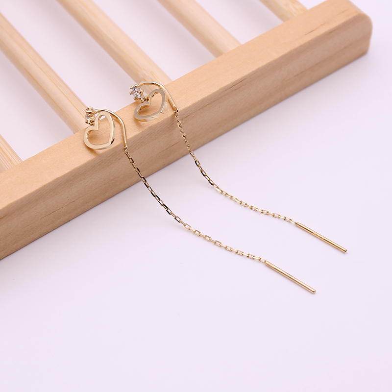 吉恩希韩国正品纯14K黄金Au585爱心款流苏冷淡风耳线简约秀气小众_虎窝淘