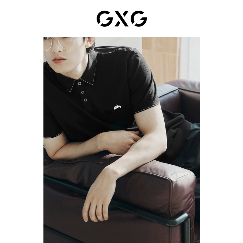 GXG男装黑色凉感明线短袖商务男士POLO衫 2023年春夏热卖_虎窝淘