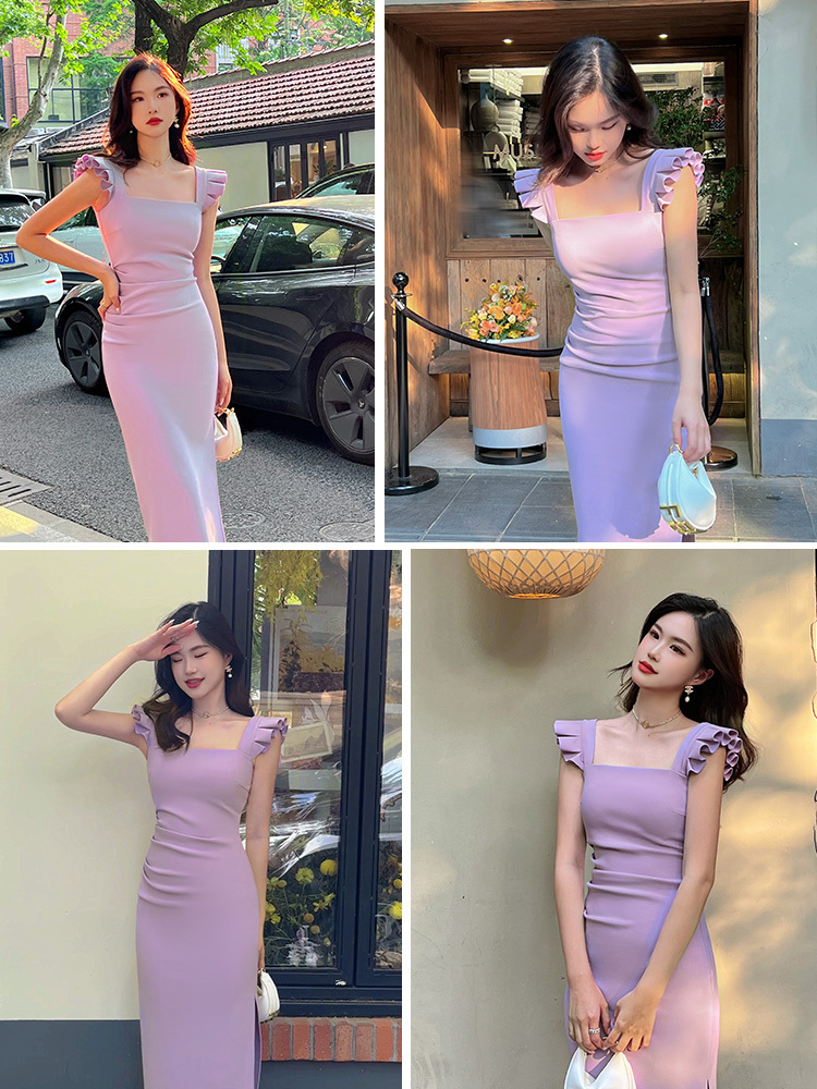 DPLAY夏季紫色连衣裙修身连衣裙飞飞袖吊带裙礼服包臀裙长裙女_虎窝淘