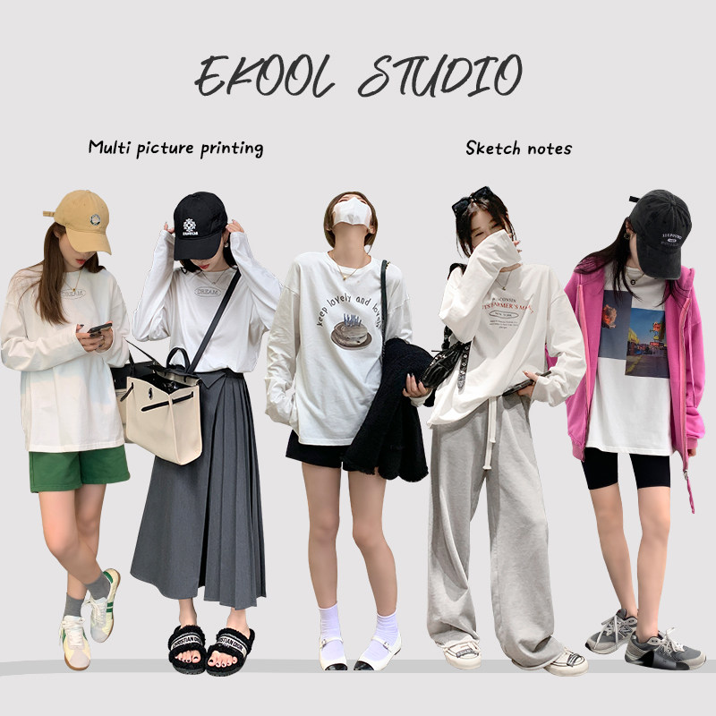 EKOOL定制印花磨毛T恤女长袖春季新款韩版宽松百搭显瘦圆领打底衫_虎窝淘
