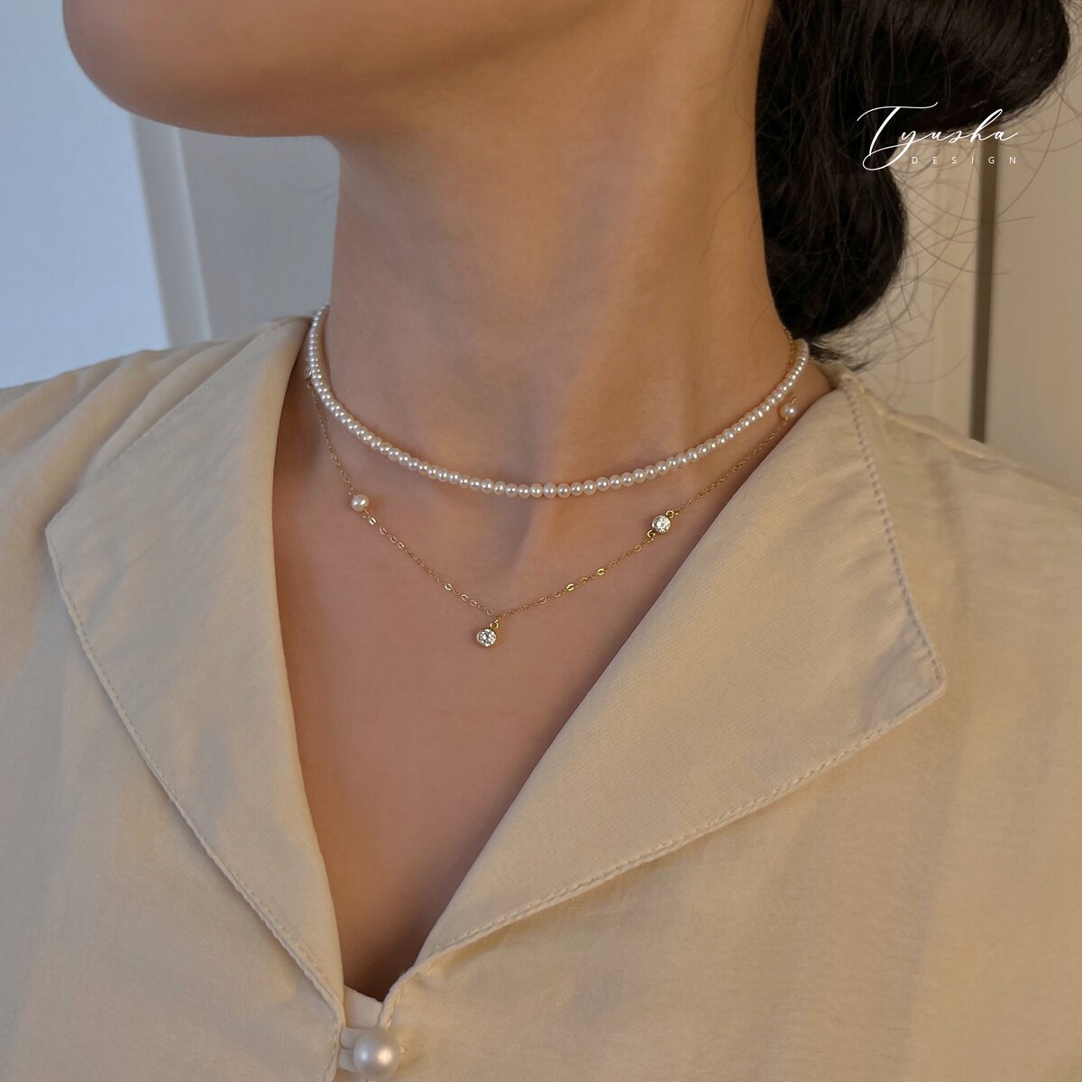 Tyusha若隐若现的精致满天星锆石天然珍珠项链包金镶钻叠戴锁骨链_虎窝淘