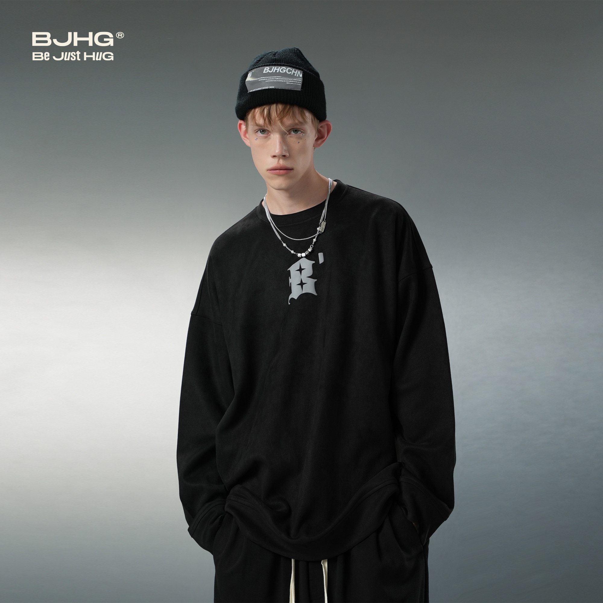 BJHG不计后果春环保麂皮绒美式圆领粉色卫衣男潮牌长袖设计感上衣_虎窝淘