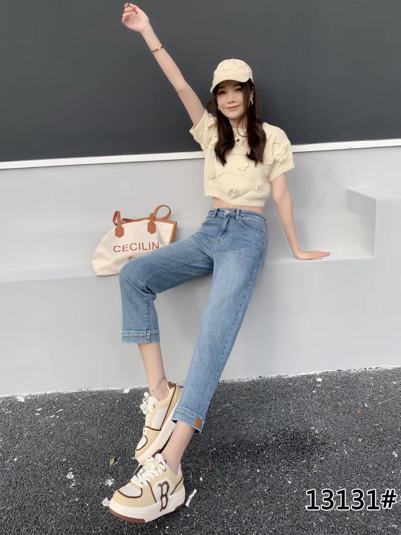 2023春季TOTOBLUE韩弹力大码固定腰显瘦女牛仔9分直筒烟管裤13131_虎窝淘