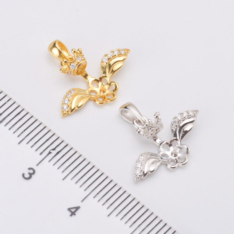 DIY珍珠配件 S925纯银珍珠吊坠空托天使款项链坠配7-8mm圆扁珠_虎窝淘