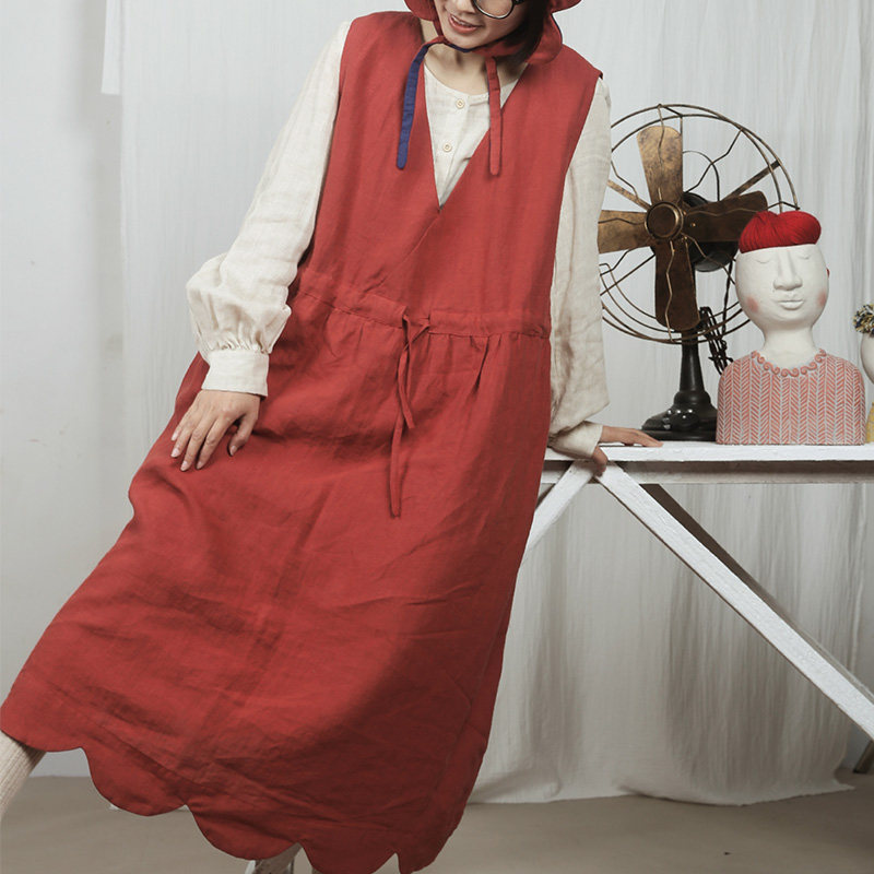 织布云麻麻原创设计花朵连衣裙亚麻花瓣长裙女春夏款无袖裙子Y088_虎窝淘