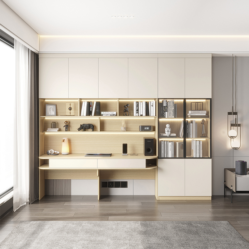 轻奢书桌书柜一体整墙到顶组合柜书房电脑桌现代简约实木定制家用_虎窝淘