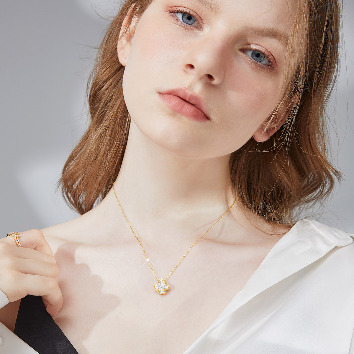 静风格S925银项链女镀14K金人工锆石颈链小幸运四叶草多戴锁骨链_虎窝淘