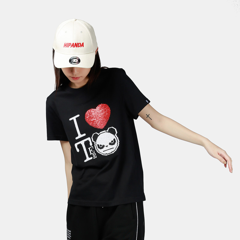 Hipanda你好熊猫设计潮牌夏季女我爱tt熊猫印花短袖T恤_虎窝淘